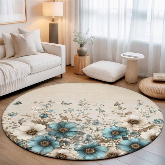 Art Botanical 3.3' Round Rug for Bedroom Reading Corner, Teal Beige ...