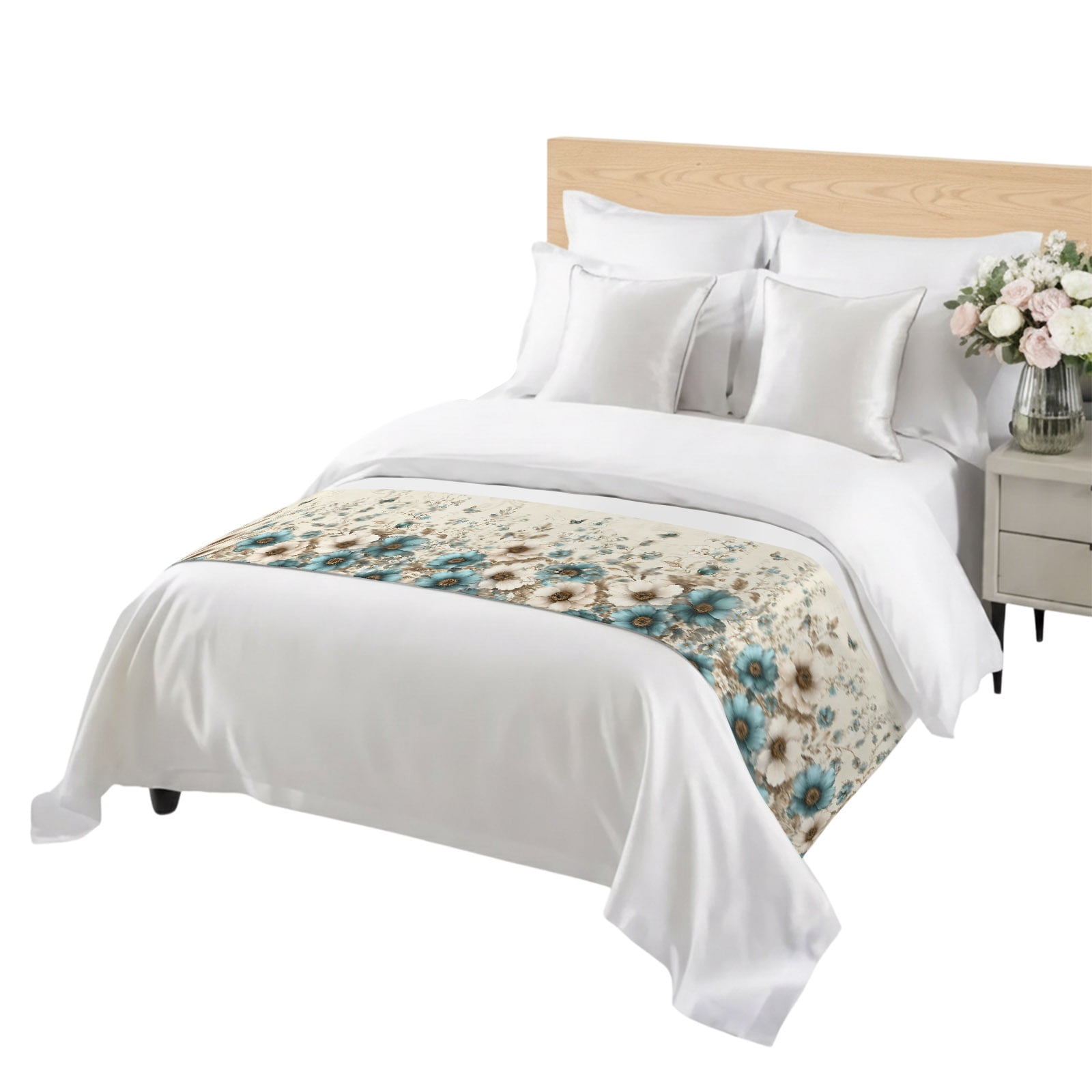 Art Botanical Bed Runner for Twin Size Bed, Teal Beige Floral Blue ...
