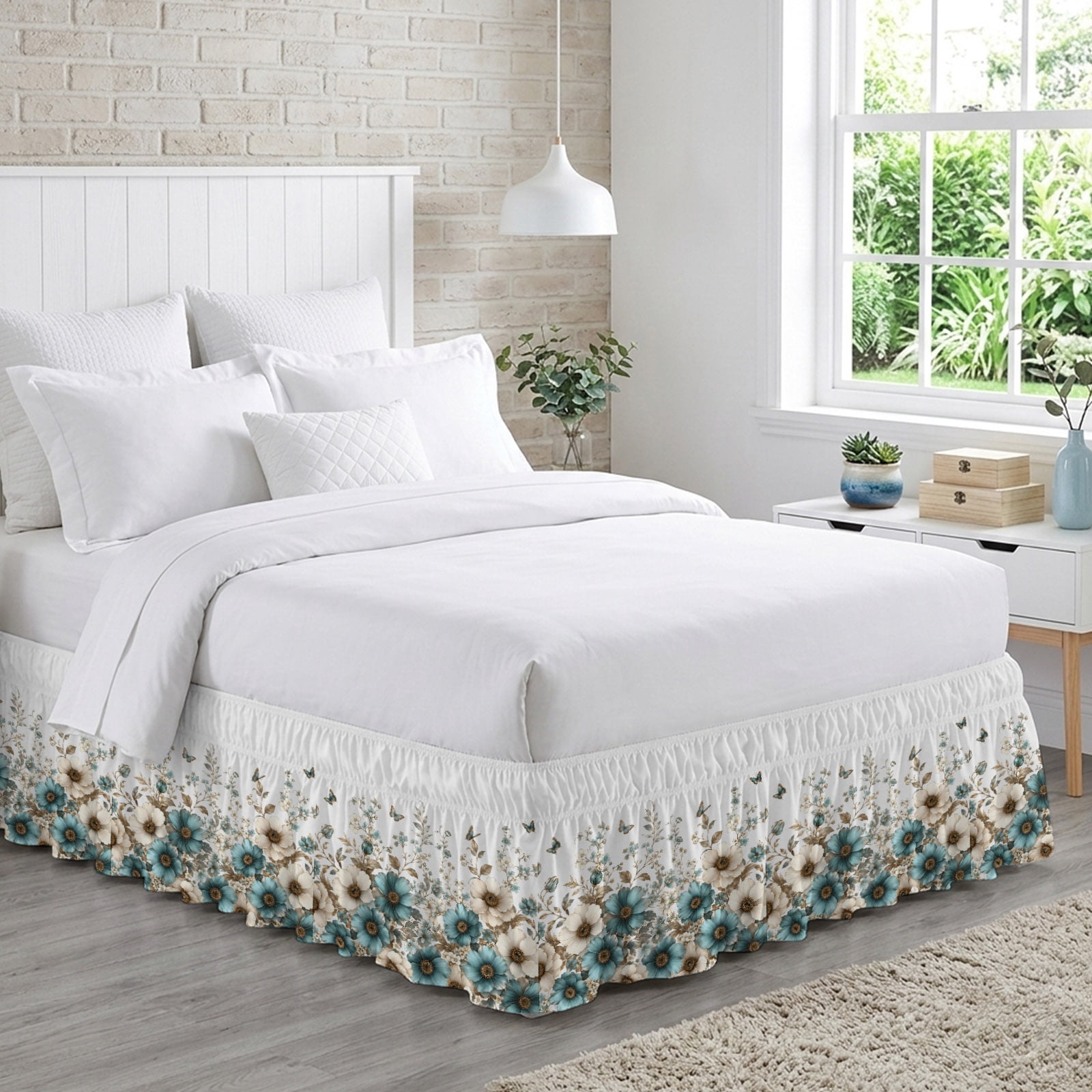 Art Botanical Bed Skirt Queen Size 18 Inch Drop, Teal Beige Floral Blue ...