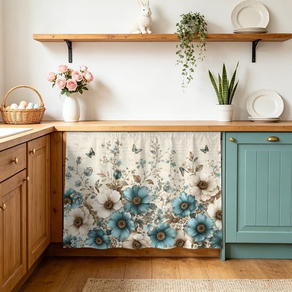 Art Botanical Cabinet Curtains 28" W x 35" L Teal Beige Floral Blue ...