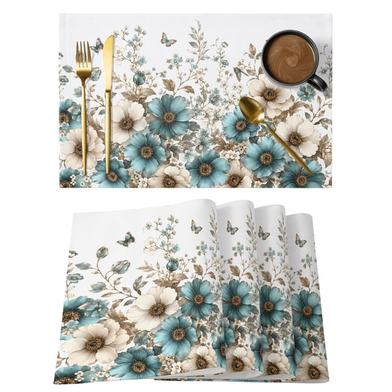 Art Botanical Cotton Linen Placemats Set of 12, Teal Beige Floral Blue ...