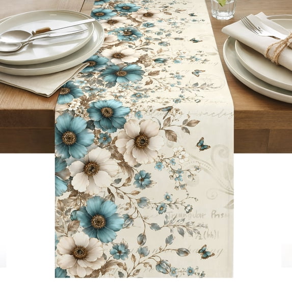 Art Botanical Cotton Linen Table Runner Teal Beige Floral Blue ...