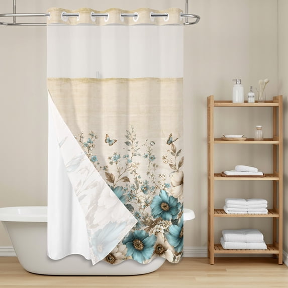 Art Botanical No Hook Shower Curtain with Snap in Liner, Teal Beige ...