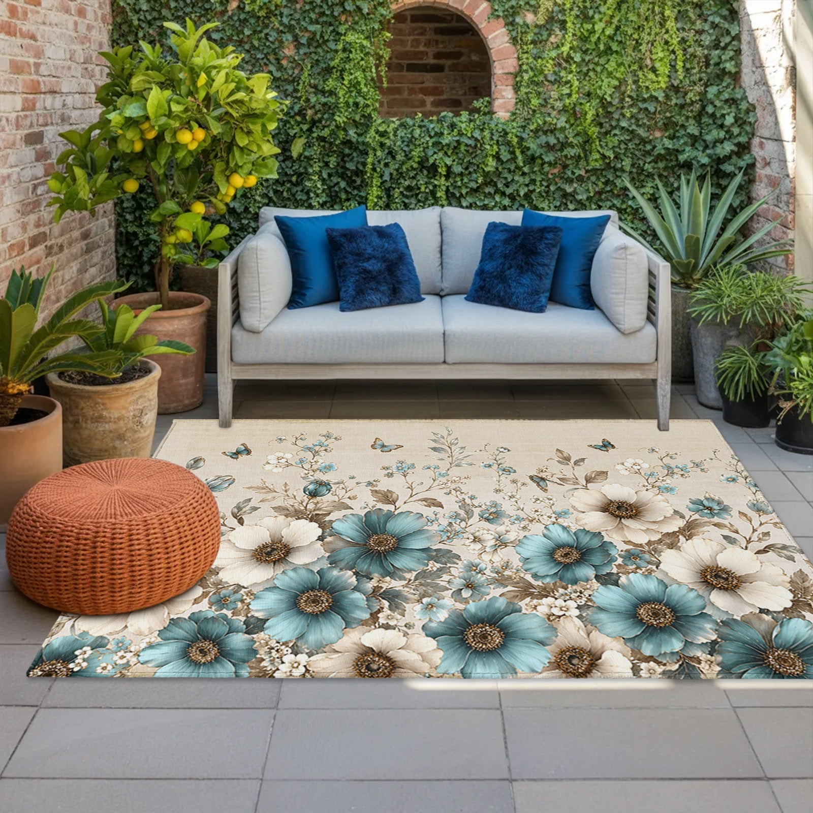 Art Botanical Indoor Outdoor Rugs 6x9 Ft, Teal Beige Floral Blue ...