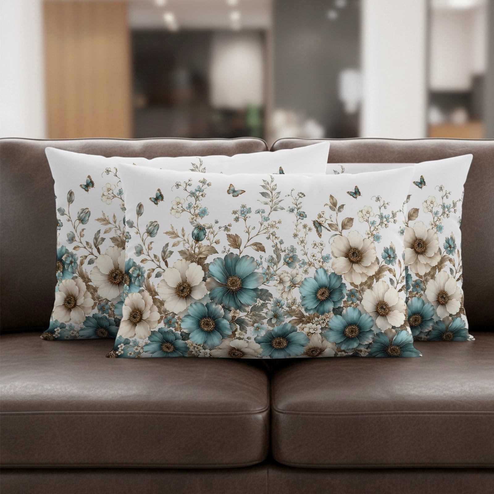 Art Botanical Pillow Covers Set of 4, Teal Beige Floral Blue Butterfly ...