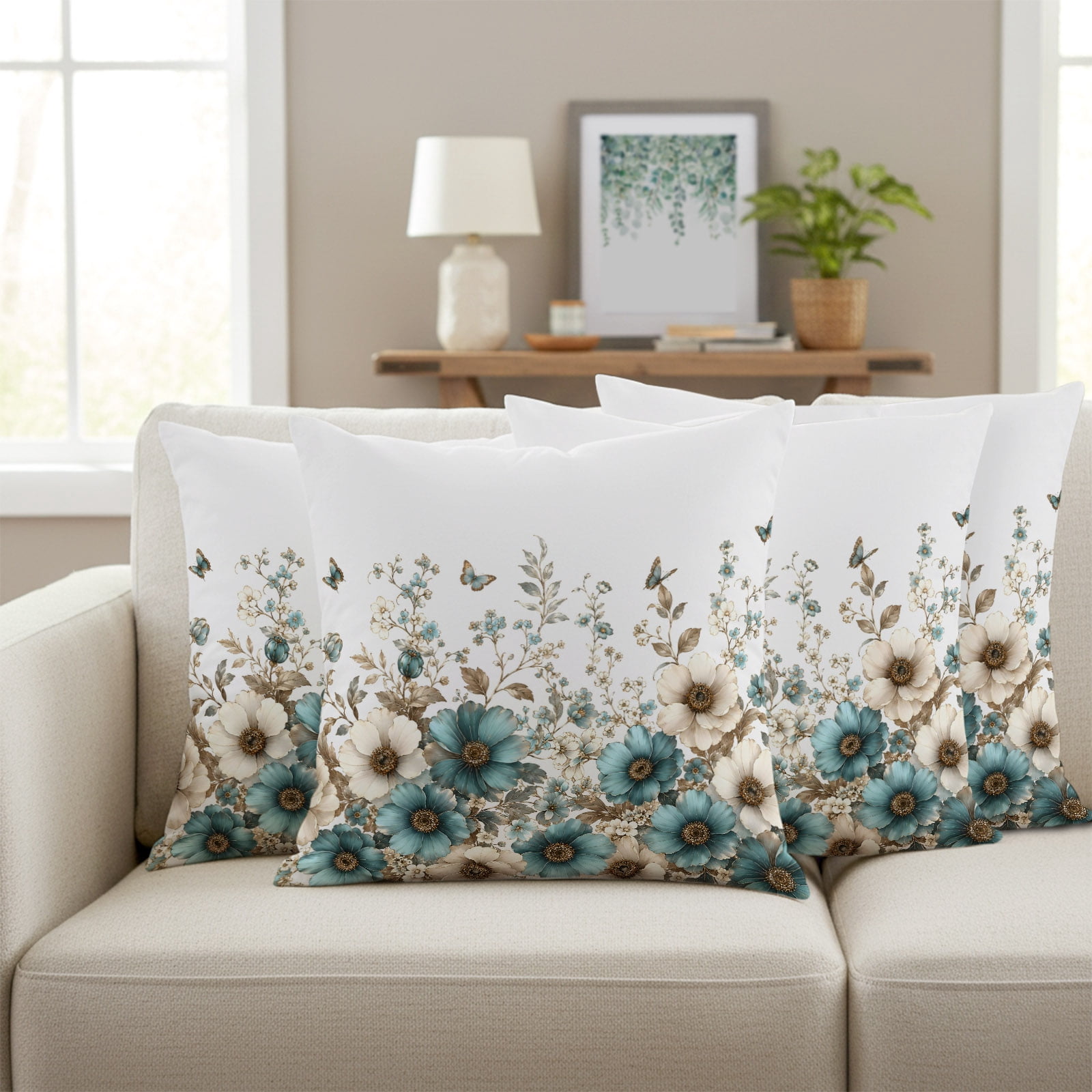 Art Botanical Pillow Covers Set of 4, Teal Beige Floral Blue Butterfly ...