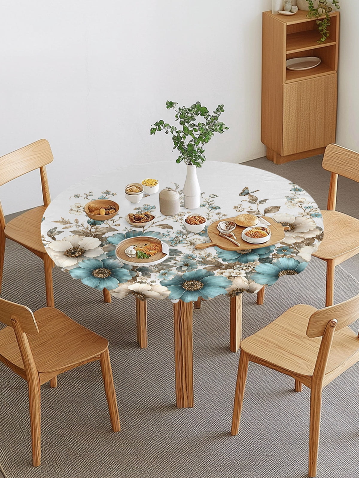 Art Botanical Round Fitted Tablecloth with Elastic Edge, Teal Beige ...