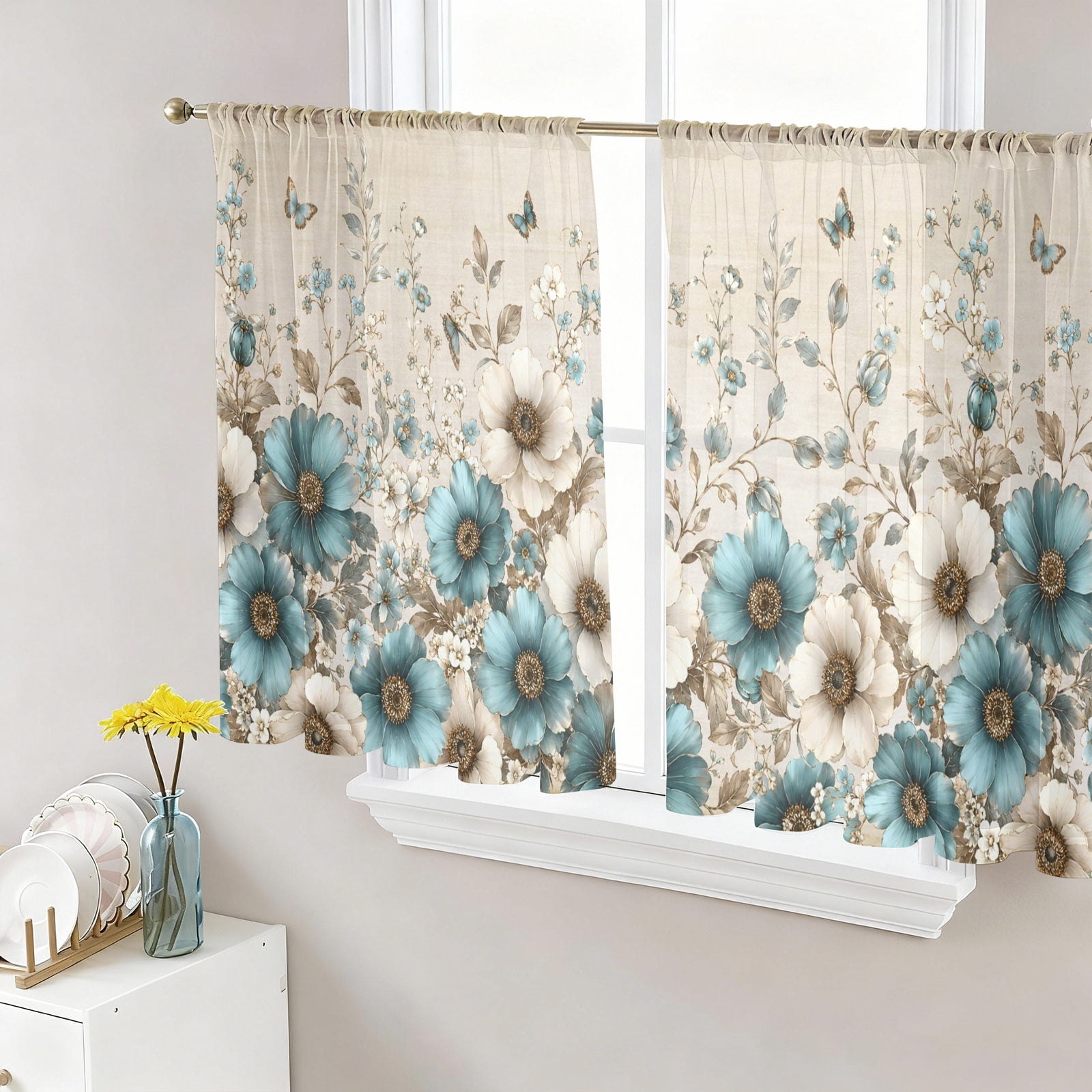 Art Botanical Sheer Curtains for Living Room Bedroom, Teal Beige Floral ...