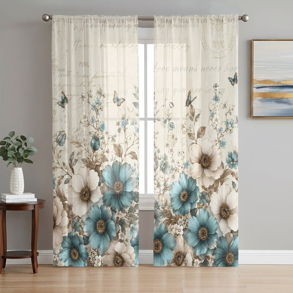 Art Botanical Sheer Curtains for Living Room Bedroom, Teal Beige Floral ...