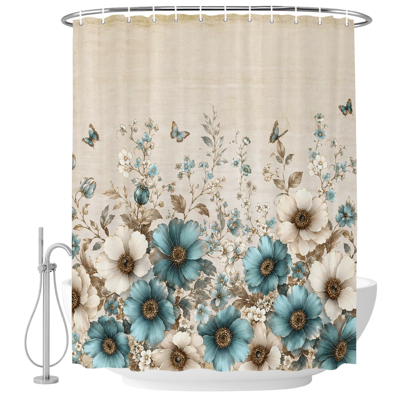 Art Botanical Shower Curtain for Bathroom, Teal Beige Floral Blue ...