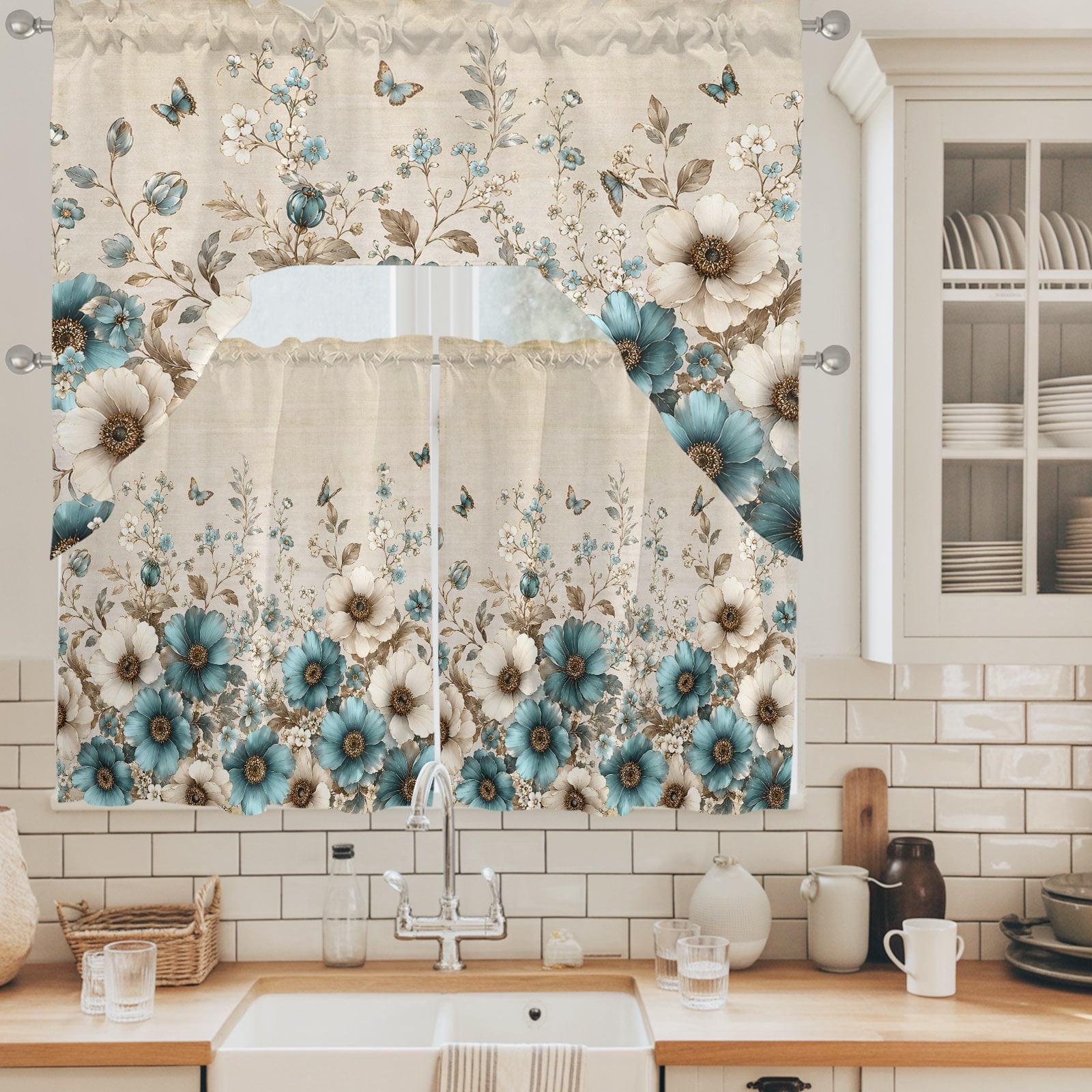 Art Botanical Swag Curtains Valance and Tier Set, Teal Beige Floral ...
