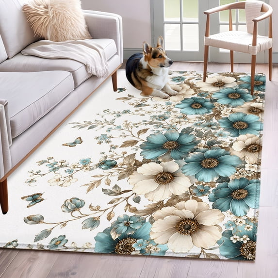 Art Botanical Washable Area Rug 4x6 Teal Beige Floral Blue Butterfly ...