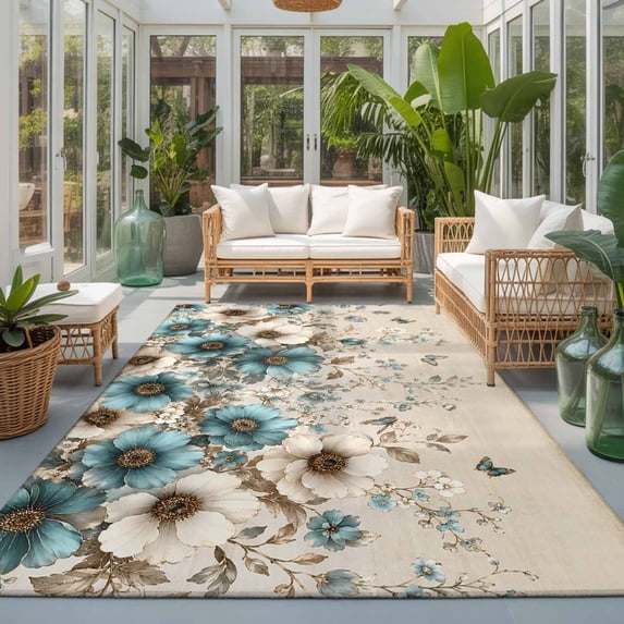 Art Botanical Washable Area Rugs 4'x6', Teal Beige Floral Blue ...