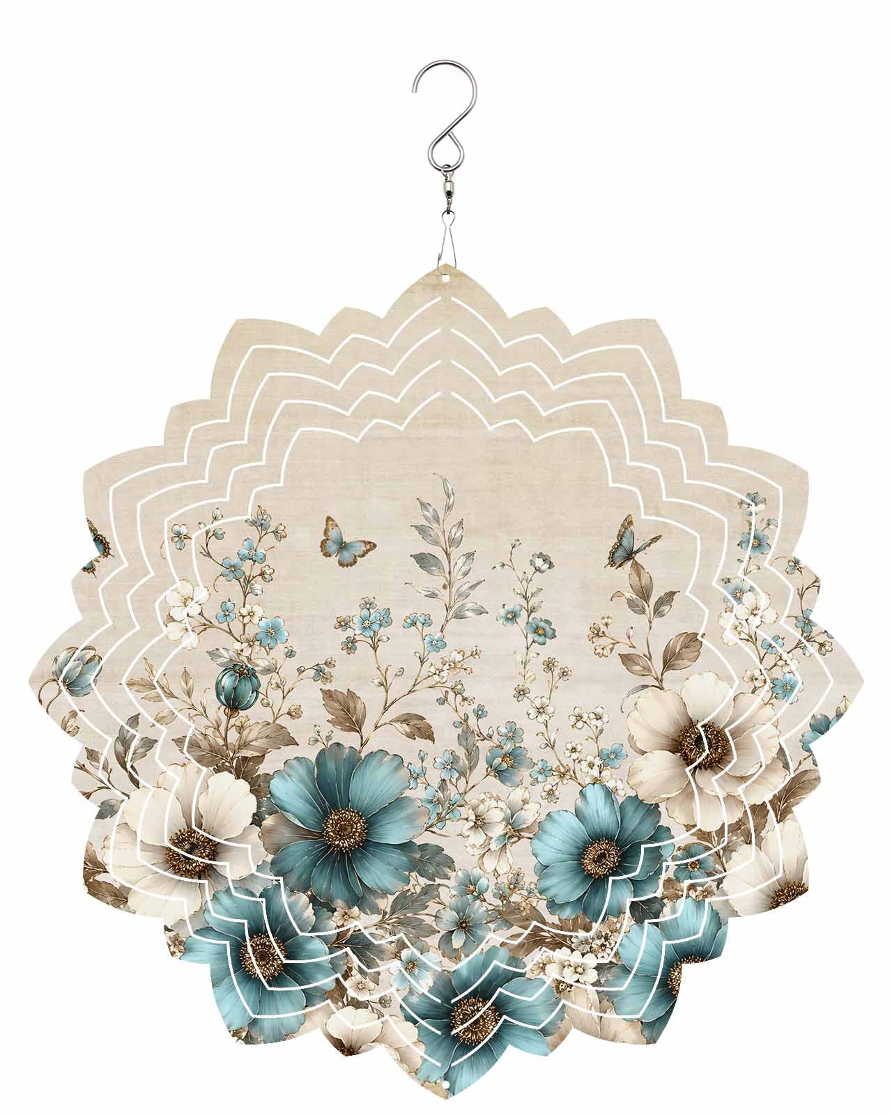 Art Botanical Wind Spinner for Garden Yard 8In, Teal Beige Floral Blue ...