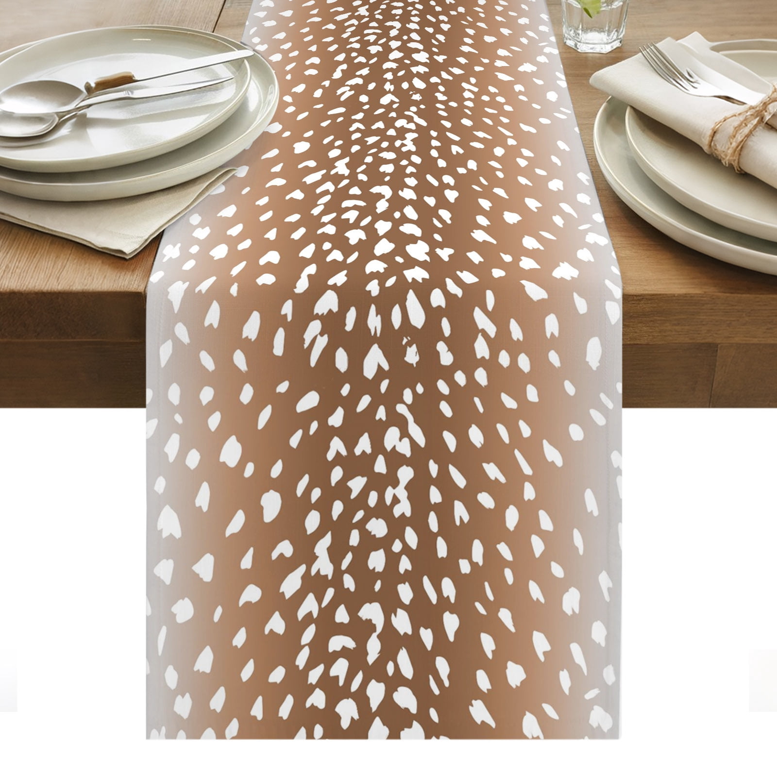 Art Brown Cotton Linen Table Runner Vintage White Polka Dots Brown ...