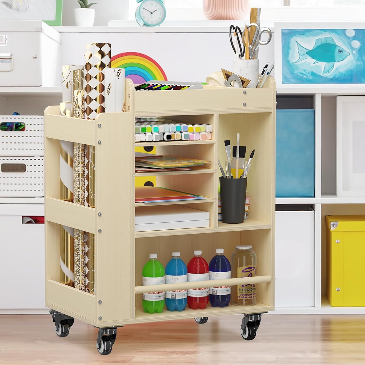 Art Cart Rolling Wood, Arts and Crafts Supply Organizer, Multi ...