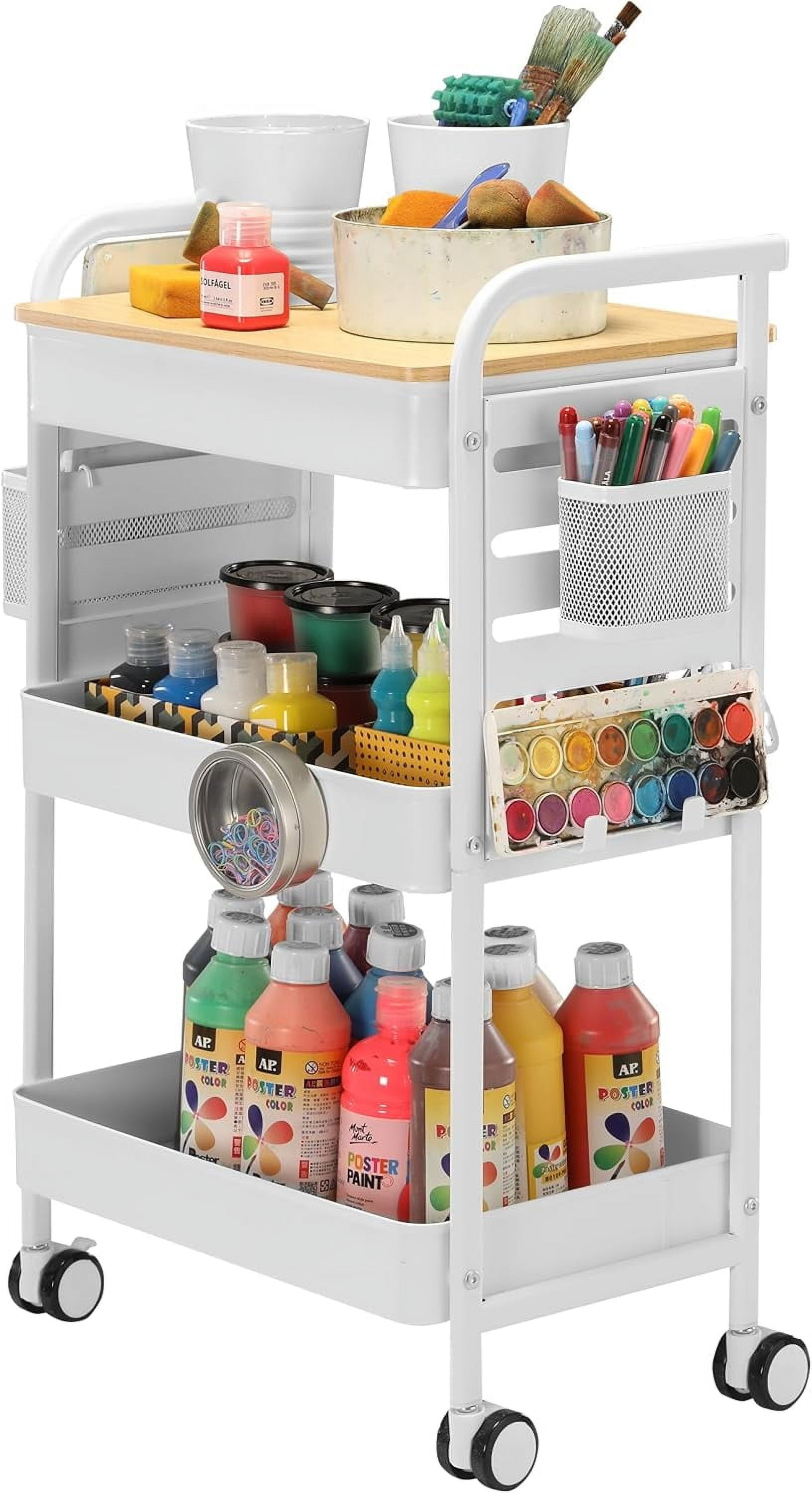 Art Cart with Tabletop & Pegboard - 3-Tier Rolling Utility Cart with ...