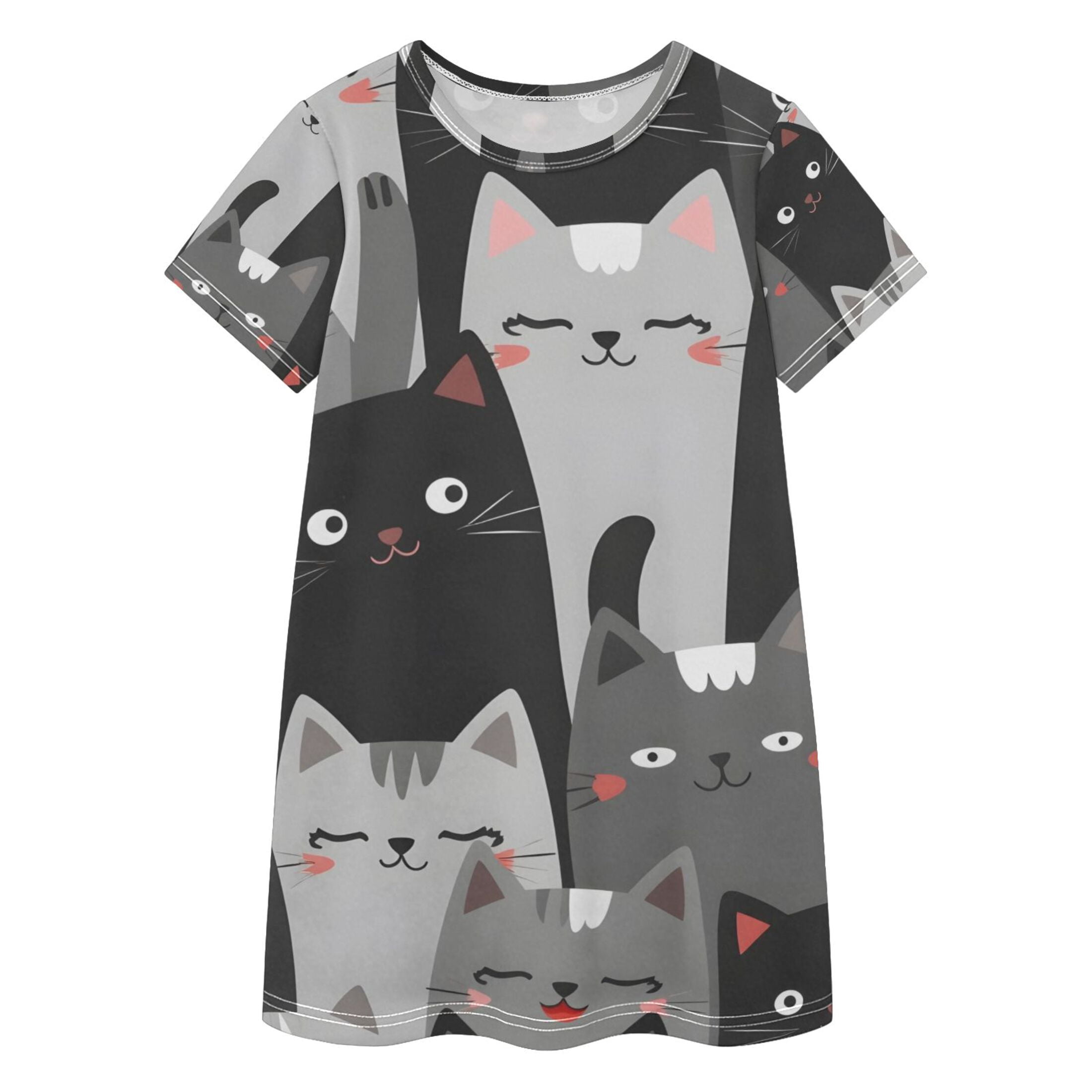 Art Cats Pattern Girls' Casual Dresses Short Sleeve Cotton Dress for ...