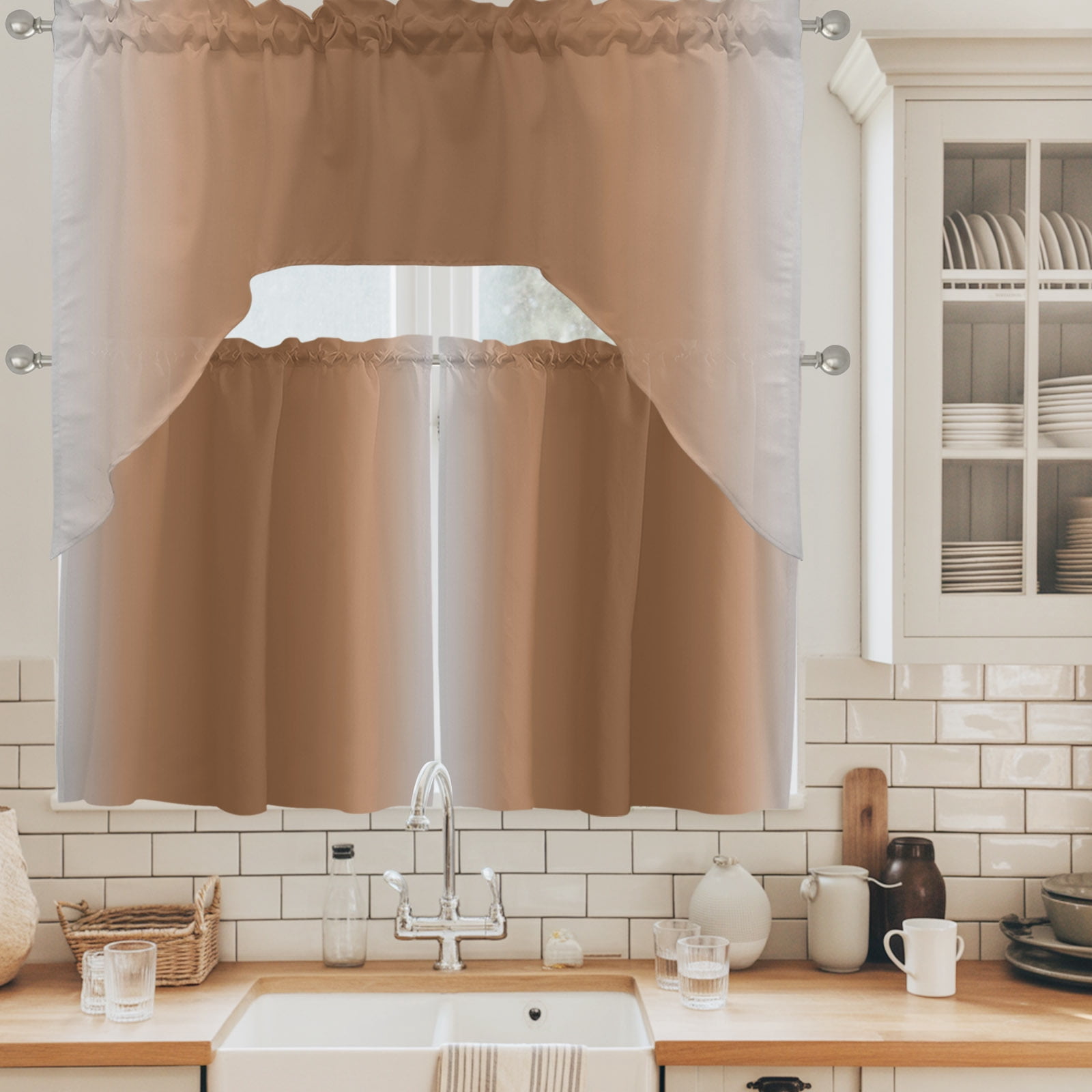 Art Coffee Brown Swag Curtains Valance and Tier Set, Vintage White ...