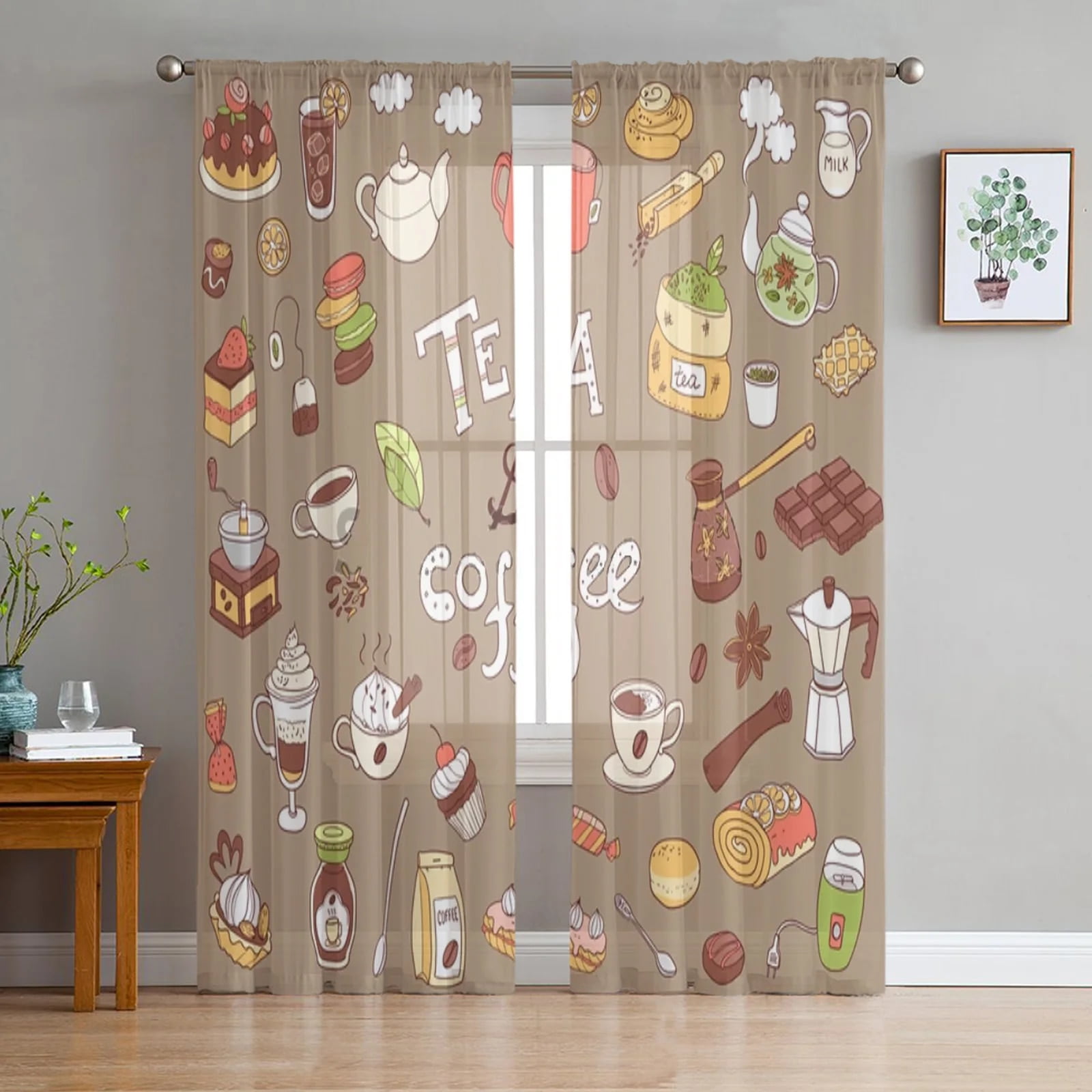 Art Coffee Cup Donut Sheer Curtain for Living Room Bedroom Kitchen ...