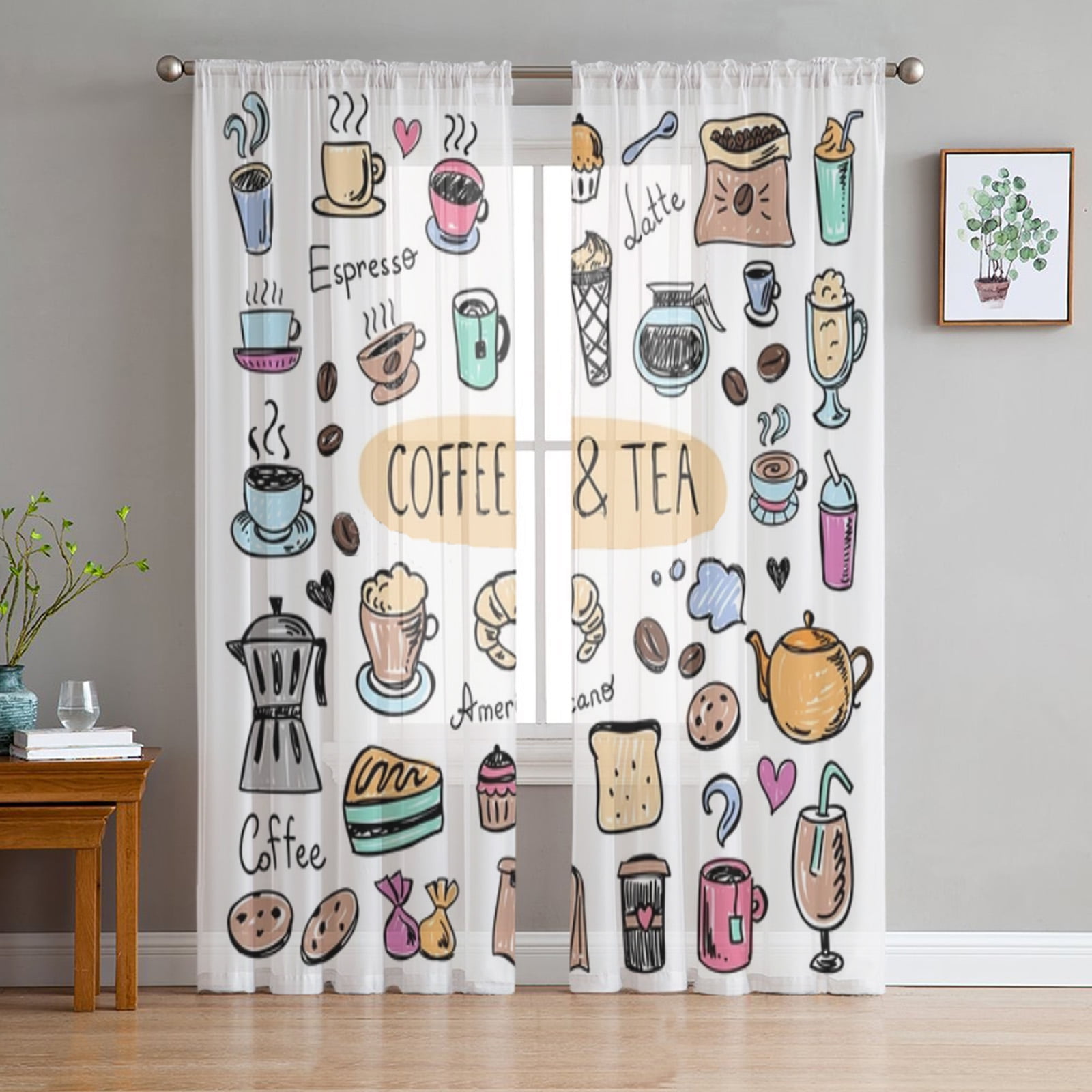 Art Coffee Cup Donut Sheer Curtain for Living Room Bedroom Kitchen ...