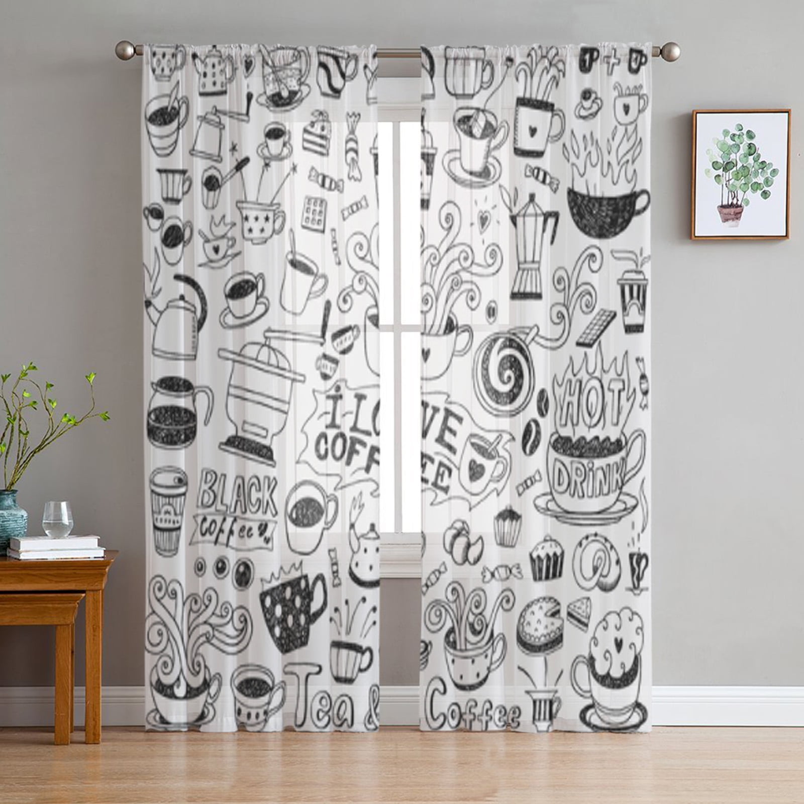 Art Coffee Cup Donut Sheer Curtain for Living Room Bedroom Kitchen ...