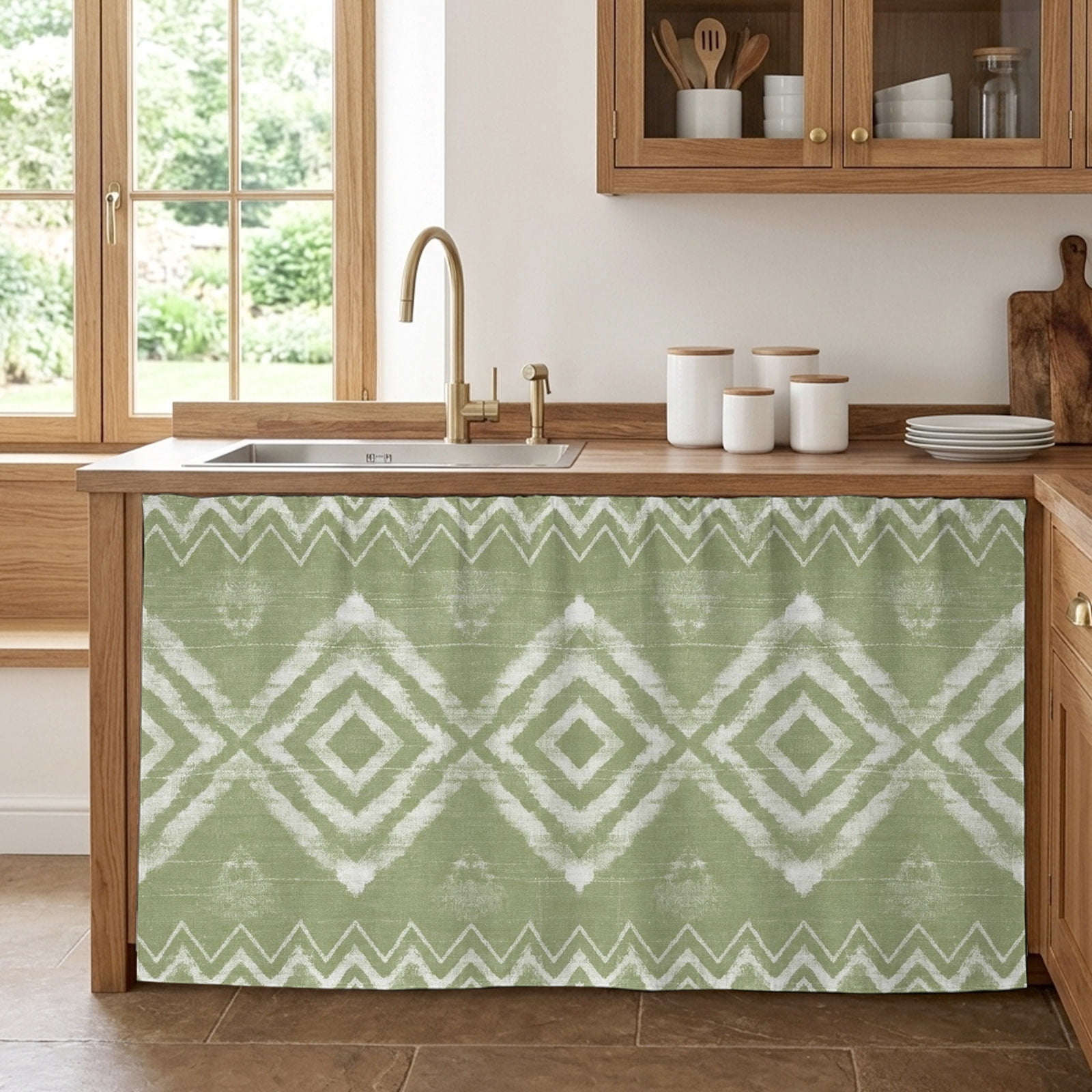 Art Country Cabinet Curtains 32" W x 55" L Retro Sage Green Geometric ...