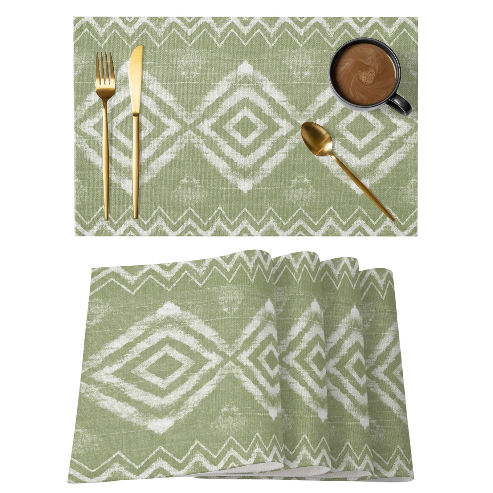 Art Country Cotton Linen Placemats Set of 1, Retro Sage Green Geometric ...