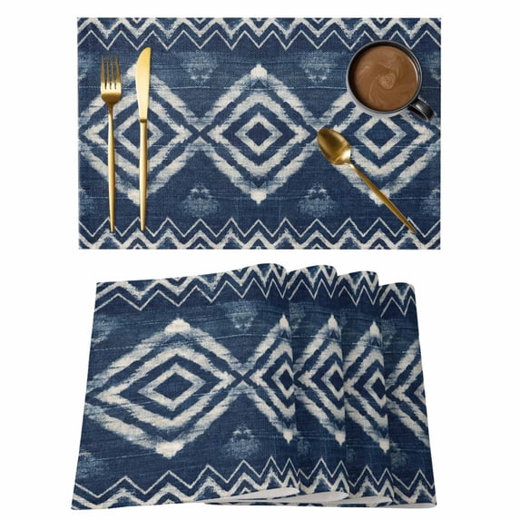 Art Country Cotton Linen Placemats Set of 4, Retro Navy Blue Geometric ...