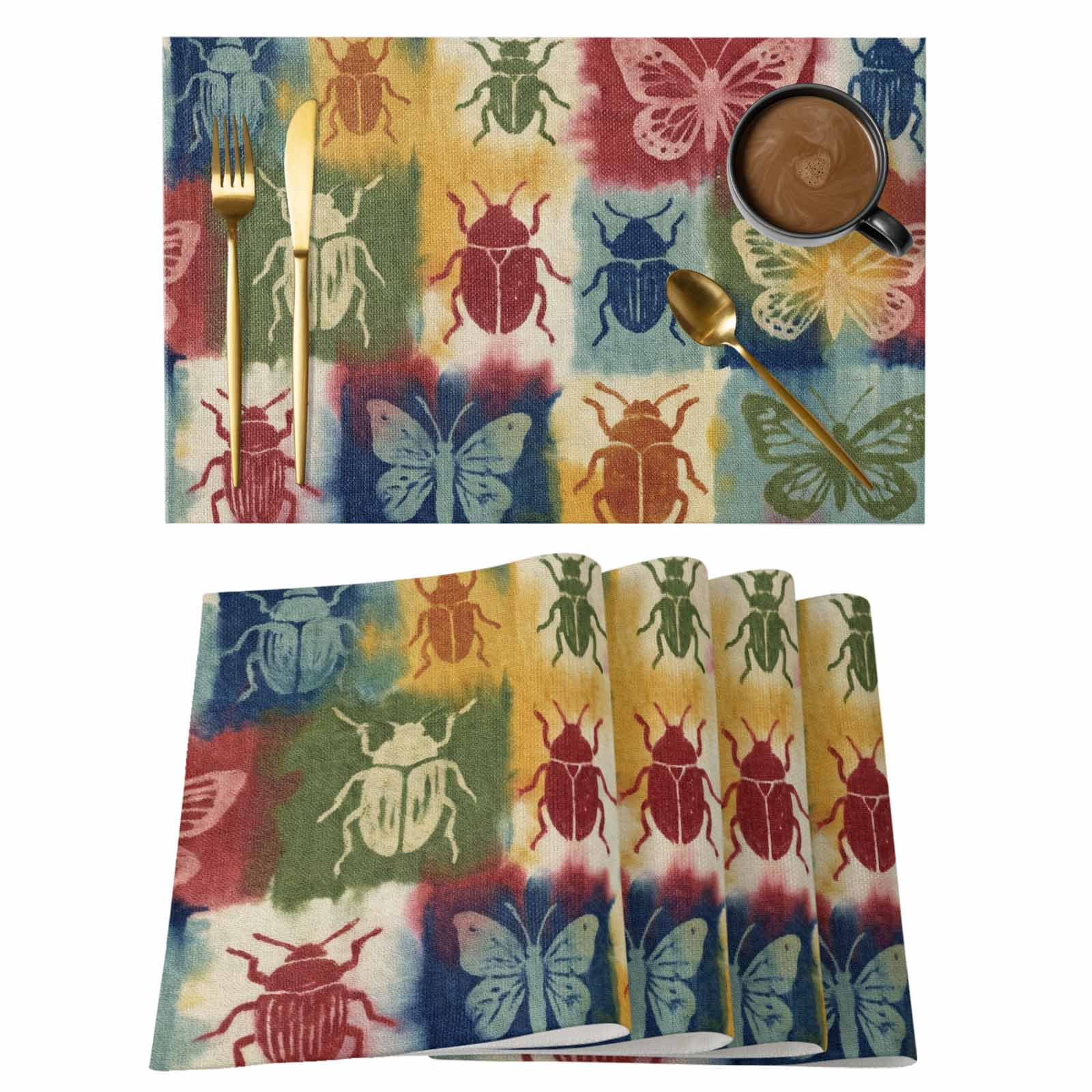 Art Country Cotton Linen Placemats Set of 4, Watercolors Retro Red Blue ...