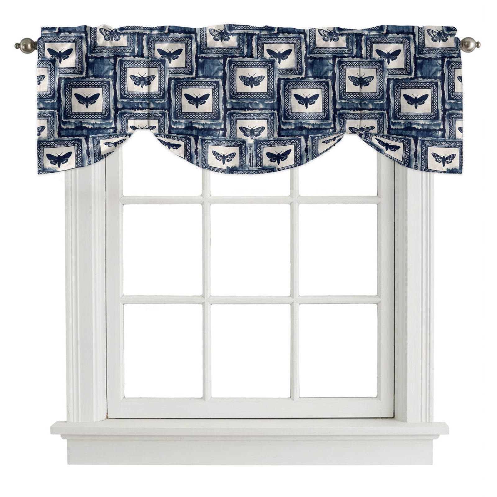 Art Country Tie Up Valance Curtains Vintage Retro Red Dark Blue Moth ...