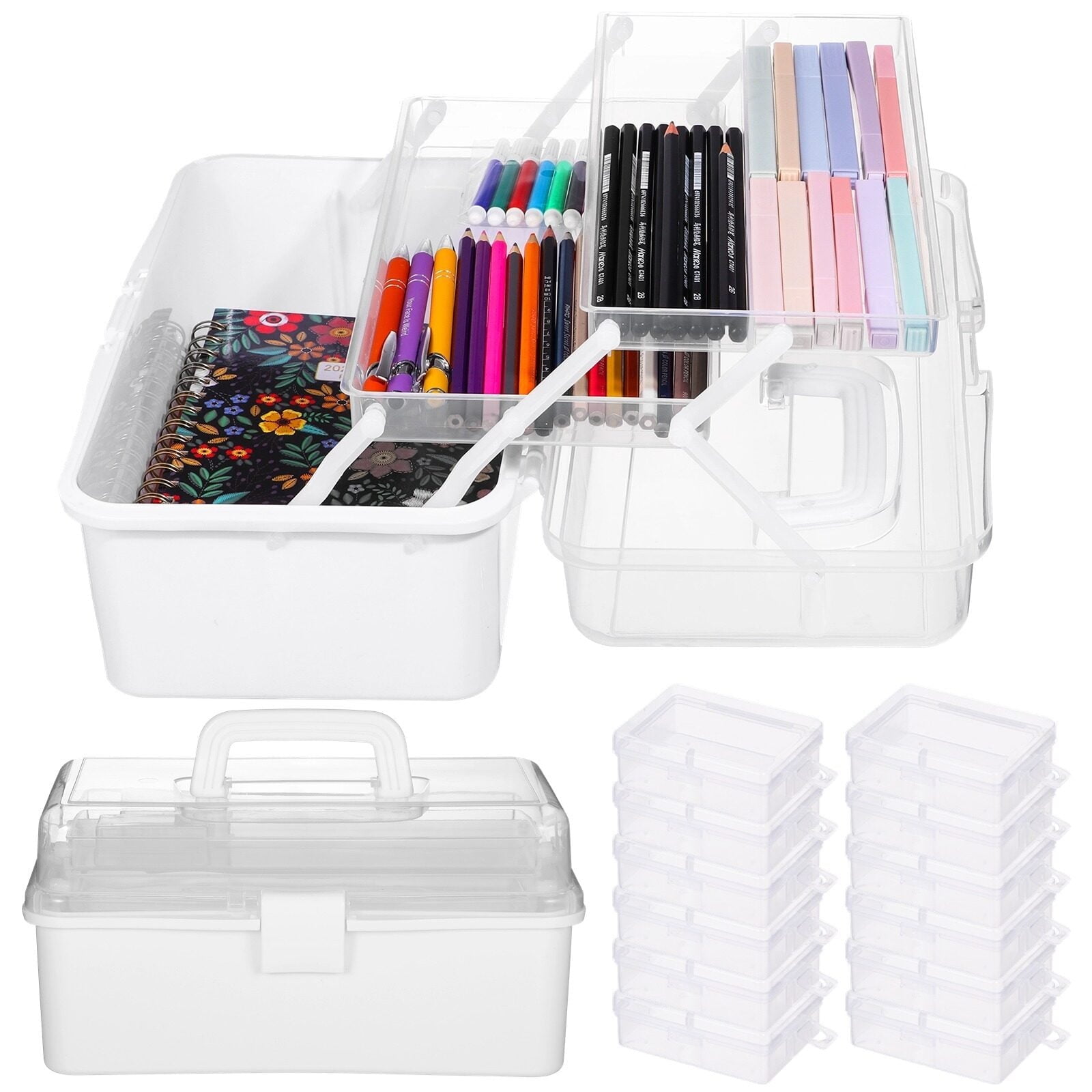 Art Craft Tackle Box 3 Layer Storage Box with Handle 12 Mini Boxes PP Art Supplies Organizer Portable Folding Tool Box Multipurpoes Storage