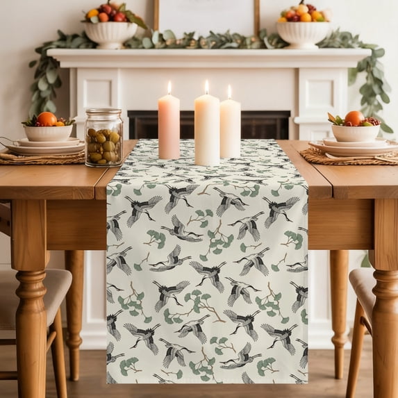 Art Crane Dining Table Runner, Classic Grey Bird Motifs Green Branches ...
