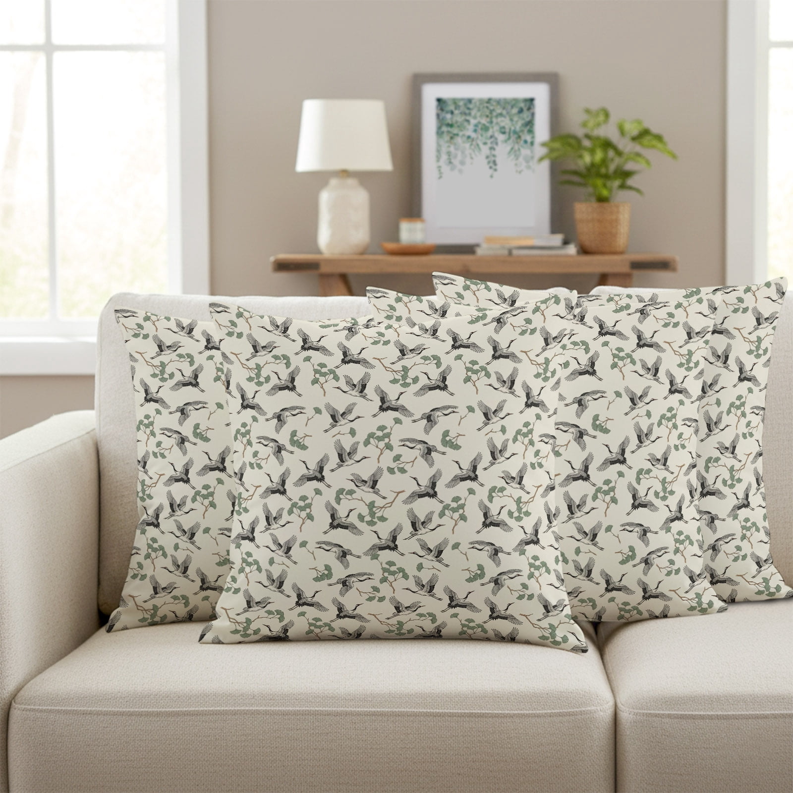 Art Crane Pillow Covers Set of 4, Classic Grey Bird Motifs Green ...