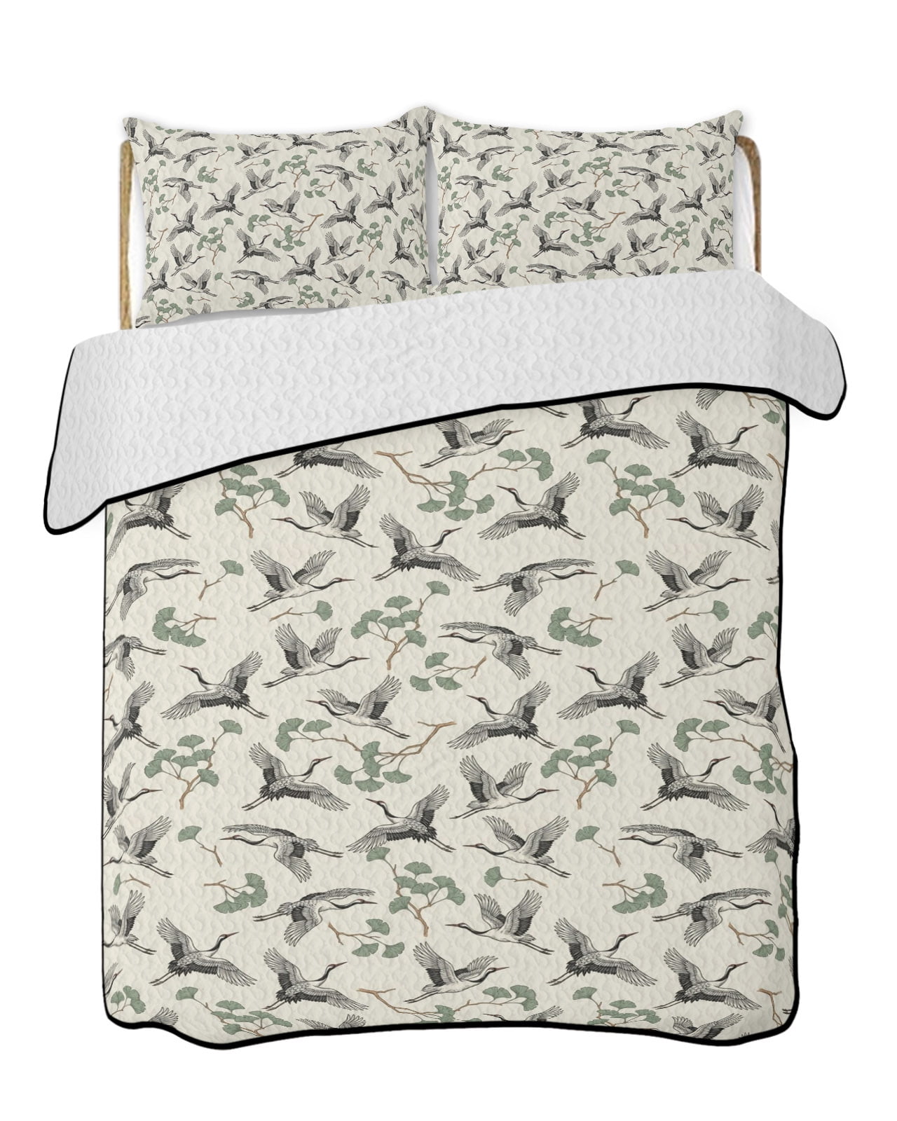 Art Crane Quilts Bedding Set King Size Classic Grey Bird Motifs Green ...