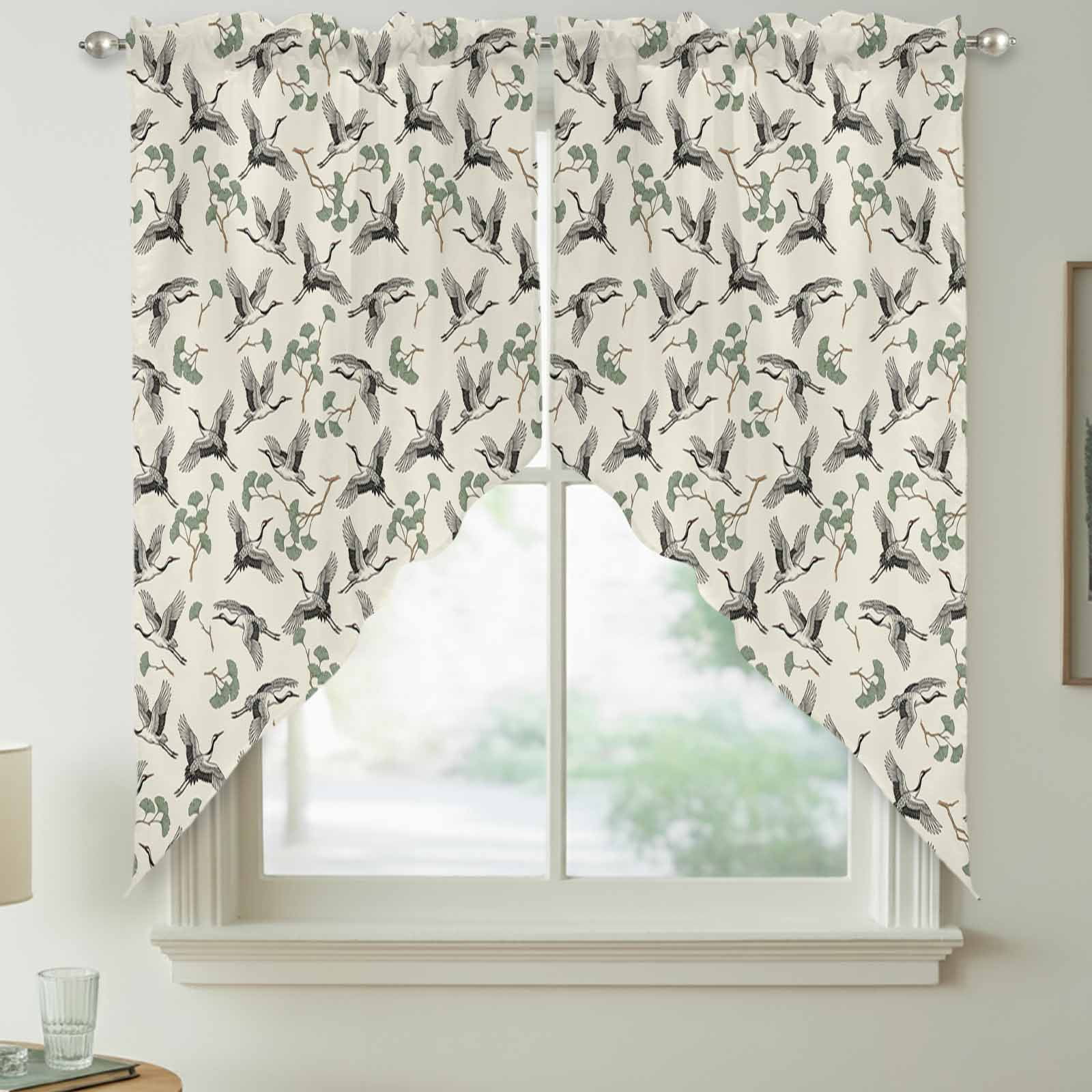 Art Crane Swag Kitchen Curtain Valances, Classic Grey Bird Motifs Green ...