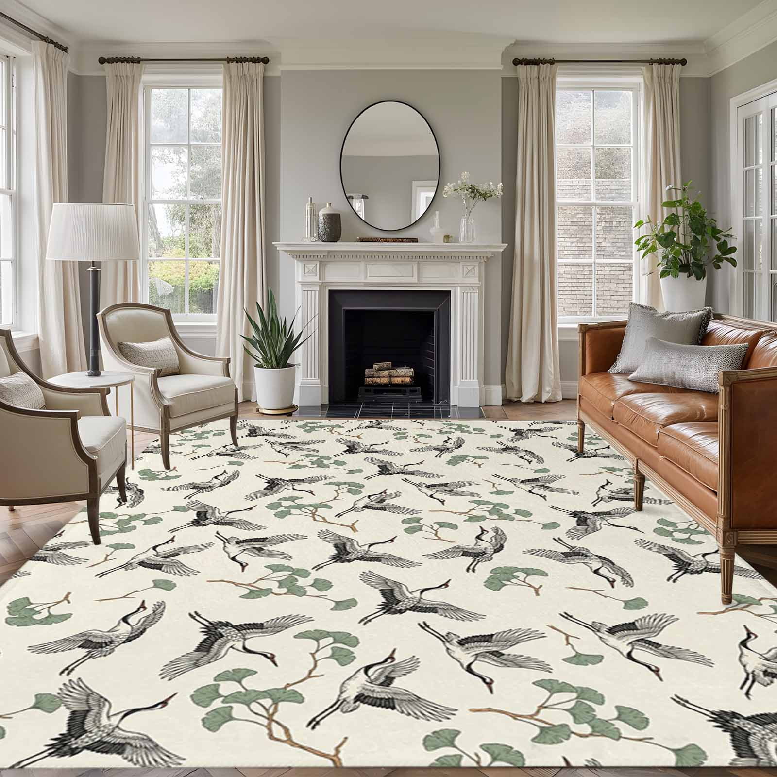 Art Crane Washable Area Rug 6 x 9 ft Classic Grey Bird Motifs Green ...