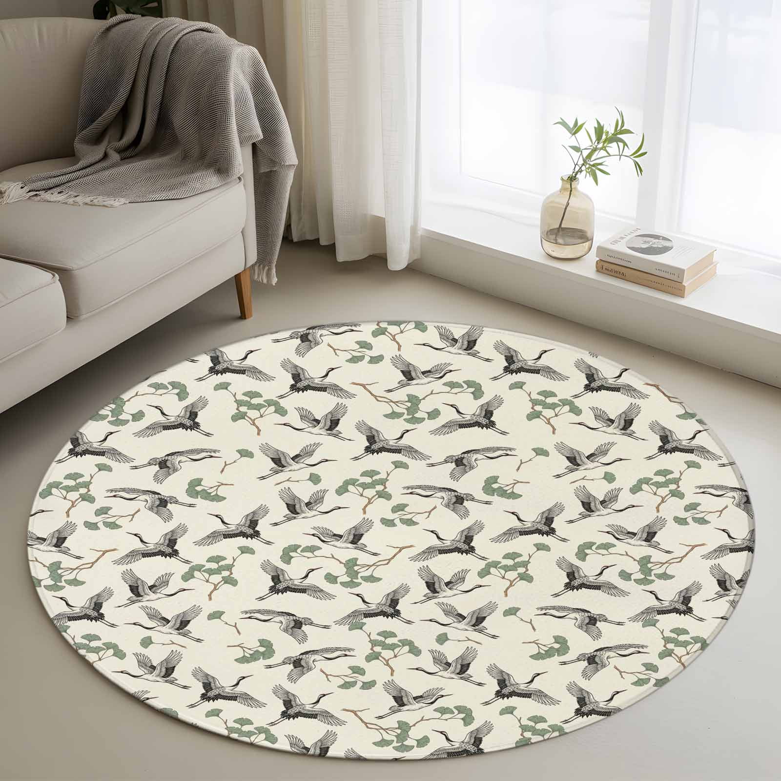 Art Crane Washable Round Area Rug 3 ft, Classic Grey Bird Motifs Green ...
