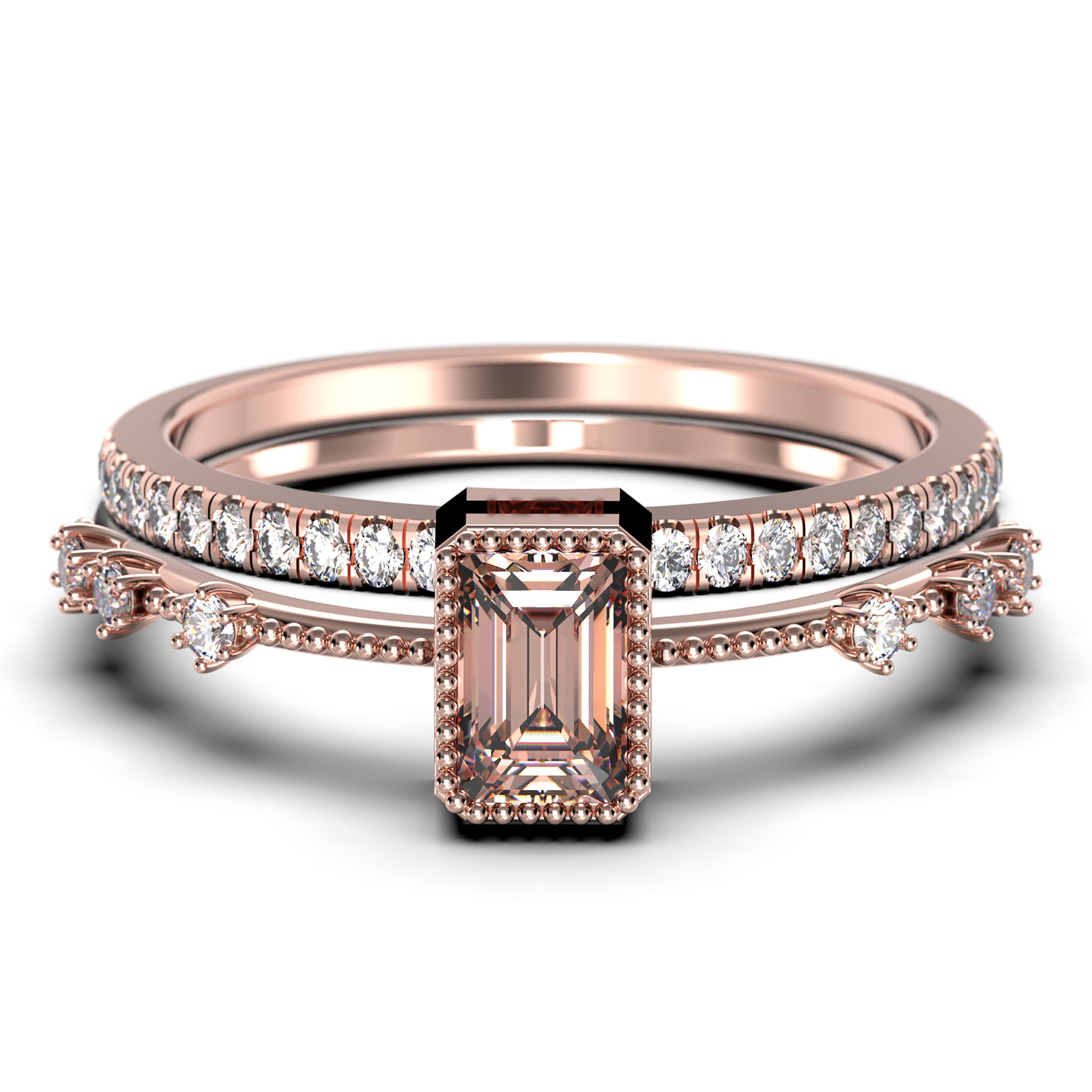 Art Deco 1.75 Carat Emerald Cut Morganite And Diamond Moissanite Thin ...