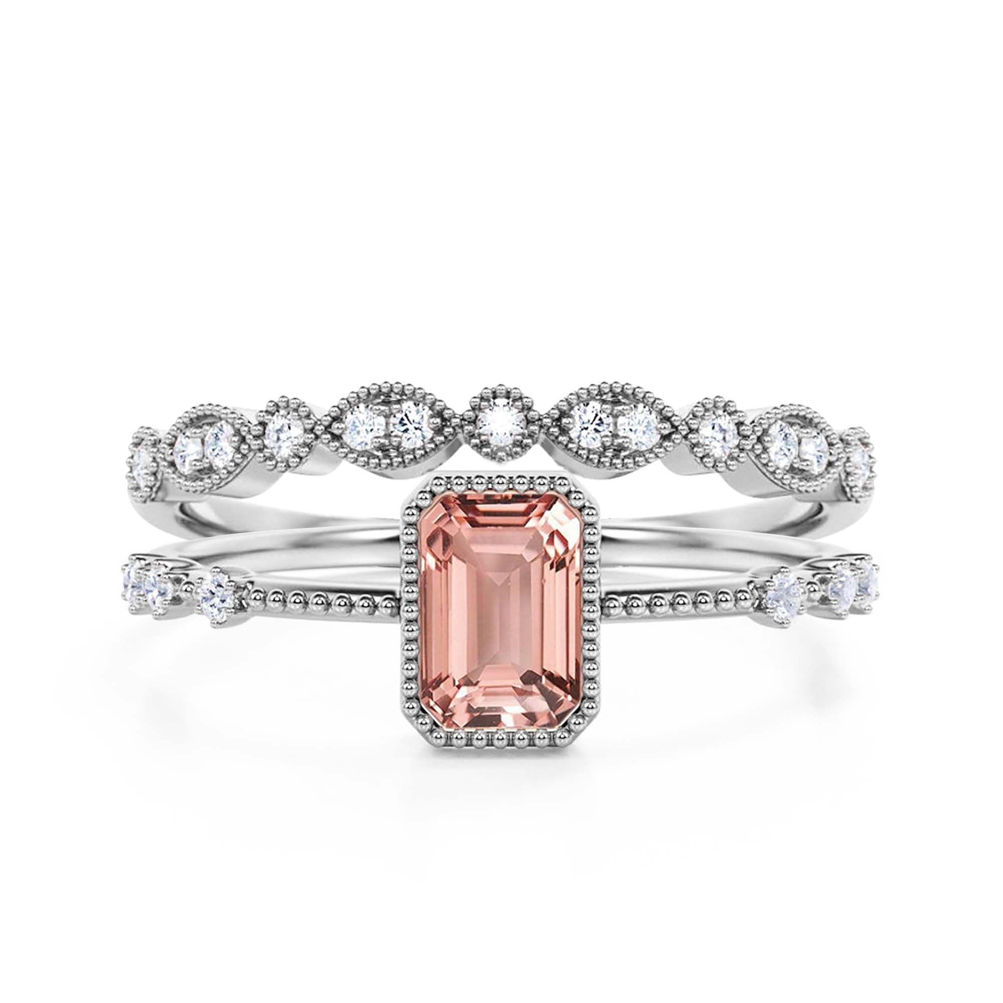 Art Deco 1.75 Carat Emerald Cut Morganite And Diamond Moissanite Thin ...