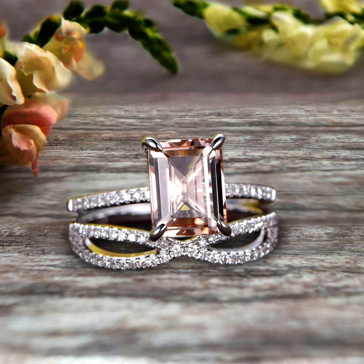Art Deco 2.25 Carat 7x5mm Emerald Cut Morganite Wedding Set 10k White ...