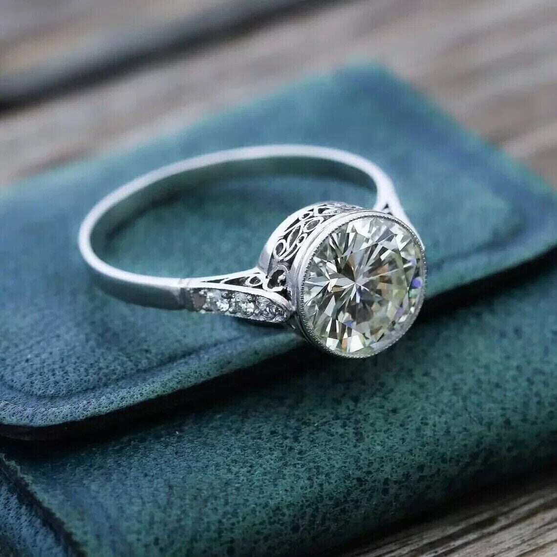 Art Deco 3Ct Round Cut Lab Created Diamond Women's Engagement Ring 14K ...