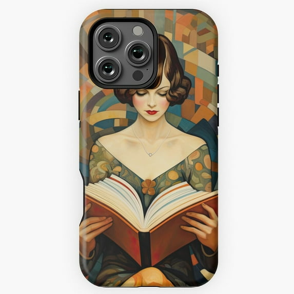 Art Deco Amber Lady Reading Scene iPhone Case 17 16 15 14 13 12 11 Pro ...
