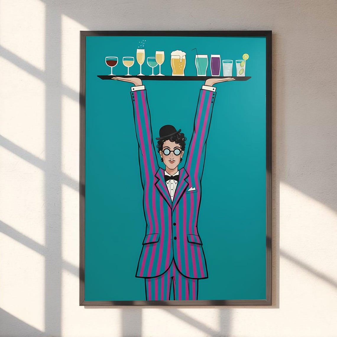 Art Deco Bartender Poster, Dapper Cocktail Server Poster, Teal And Pink ...