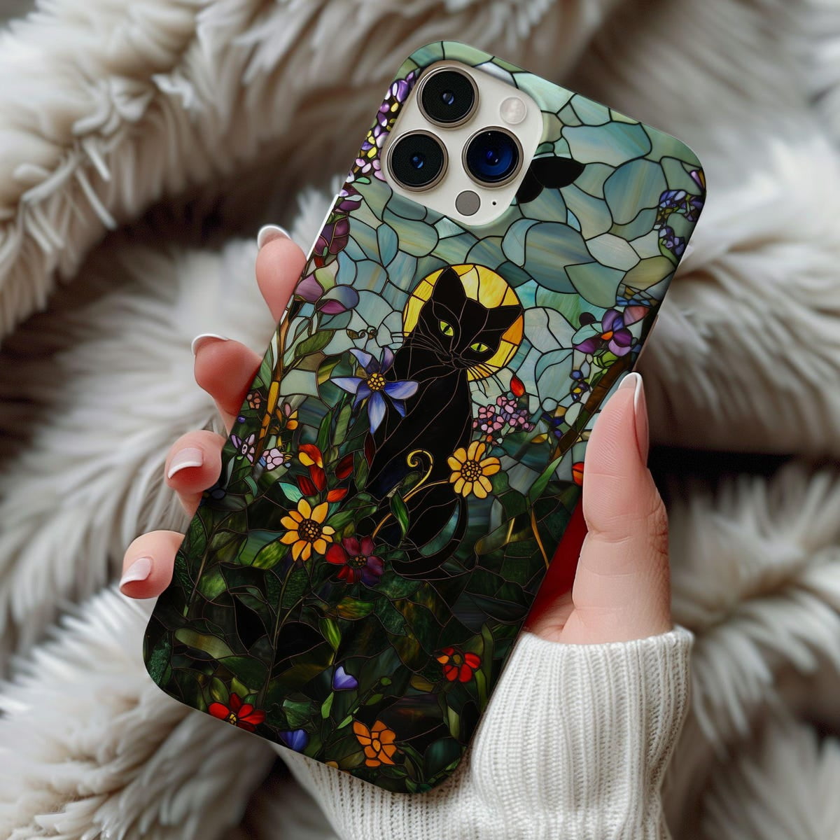 Art Deco Black Cat Stained Glass Phone Case with iPhone 17 to 11 Pro ...