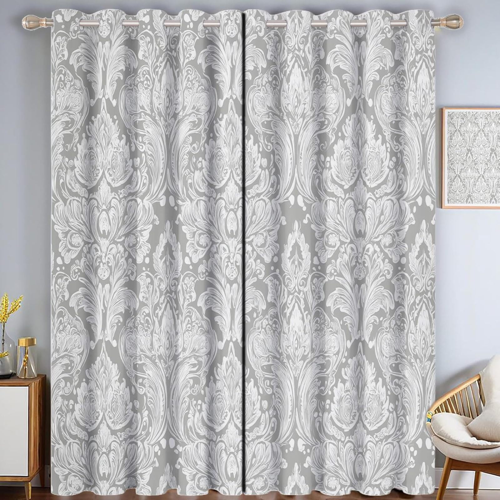 Art Deco Blackout Curtains For Bedroom - Gray Damask Pattern Thermal ...