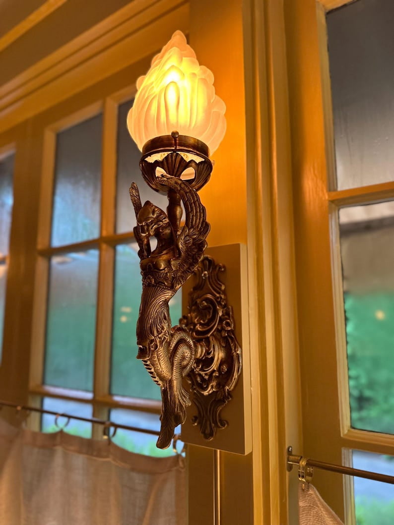 Art Deco Brass Mermaid Wall Sconces, Elegant Nautical Lighting Fixture ...