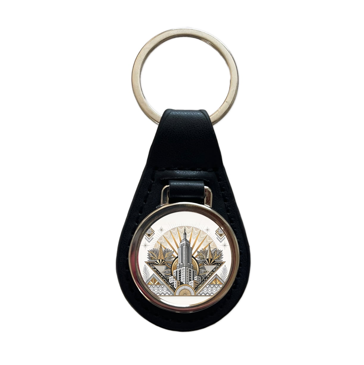 Art Deco Building Architectural Design Metal Black Leather Keychain ...