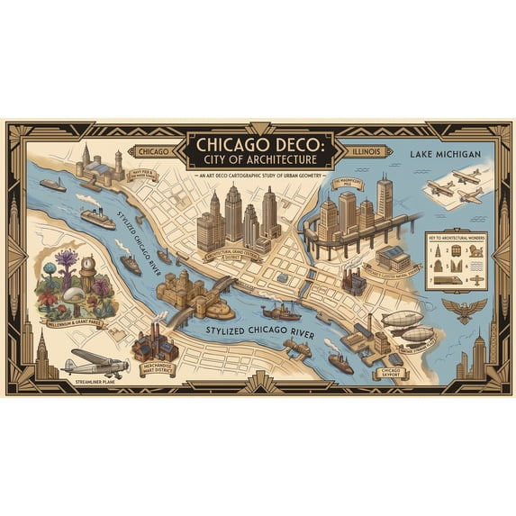 Art Deco Chicago Map Poster - City of Architecture | Ideal Gift 【Rolled ...