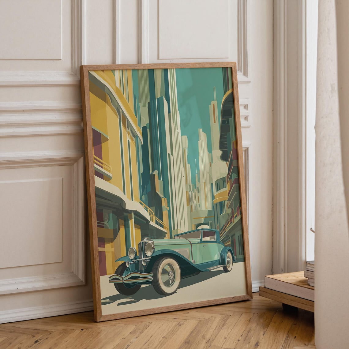 Art Deco City Car Vintage Automobile Illustration 1920s Cityscape Teal ...